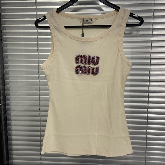 Miu Miu | Tops | Miu Miu Cream Tank Top With Purple Embellishment ...